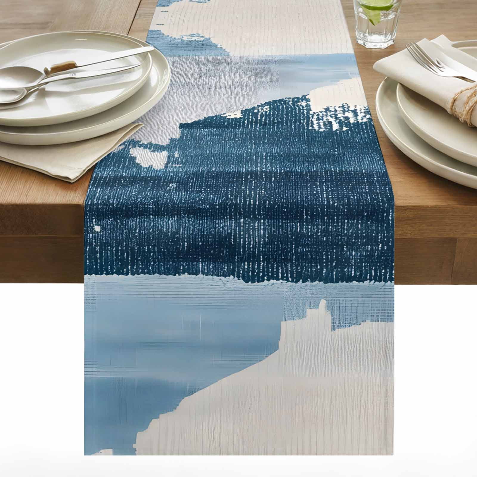 Abstract Collage Art Table Runner 13x60 inch Retro Blue Oil Painting ...