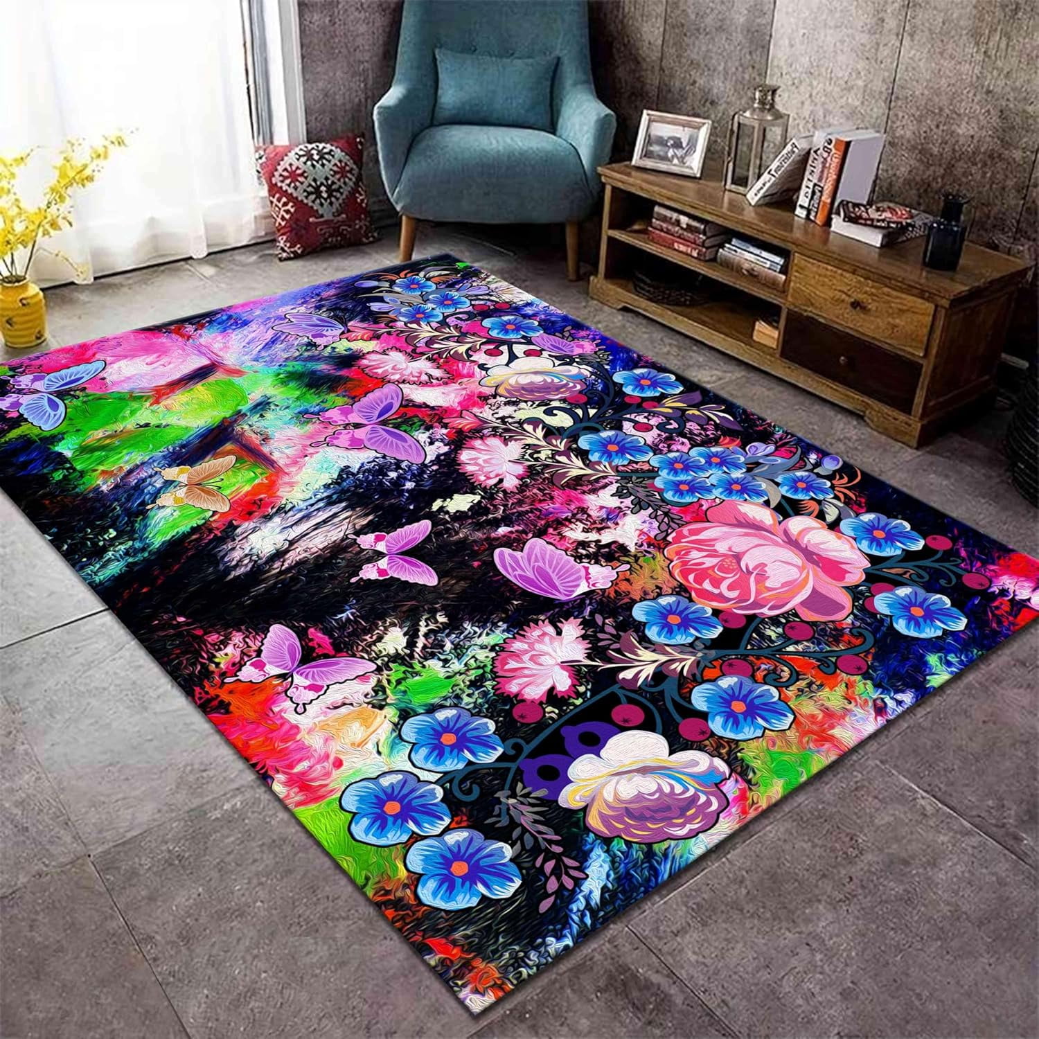 Abstract Color Area Rugs,Colorful Floral And Butterfly Printed Rug ...