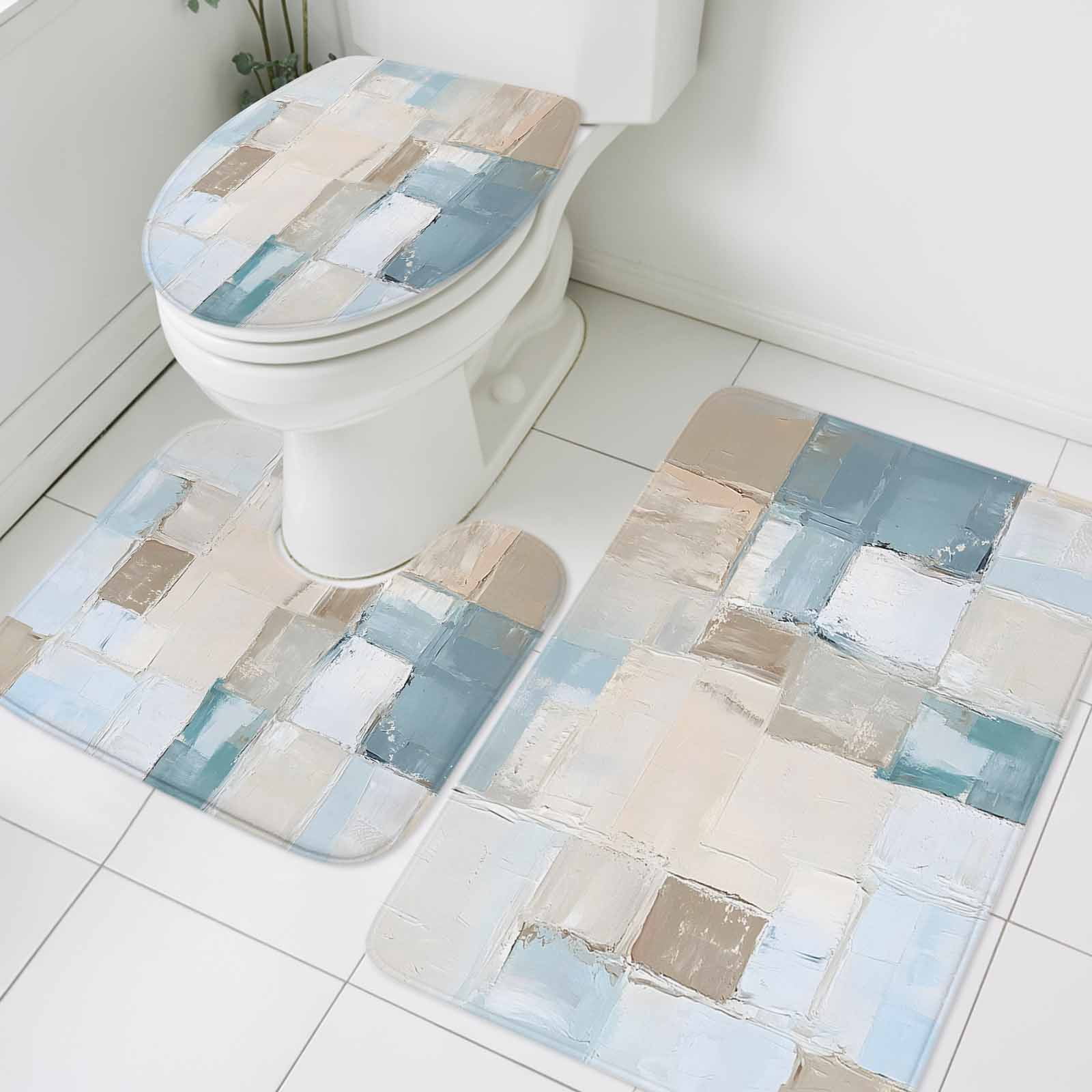 Abstract Color Block Bathroom Rugs Set Blue Beige Modern Oil Painting ...