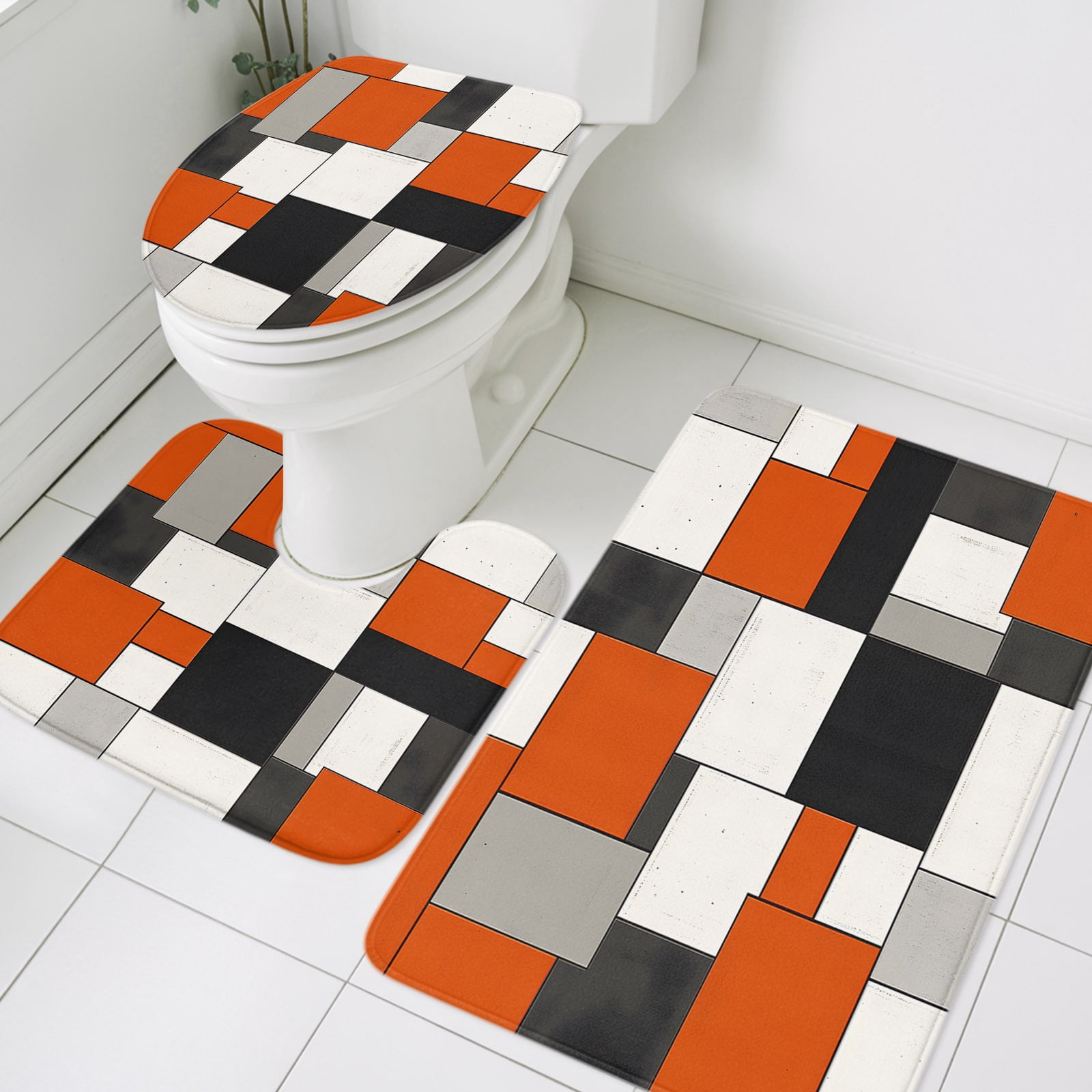 Abstract Color Block Bathroom Rugs Set Orange Black Blocks Non Slip ...