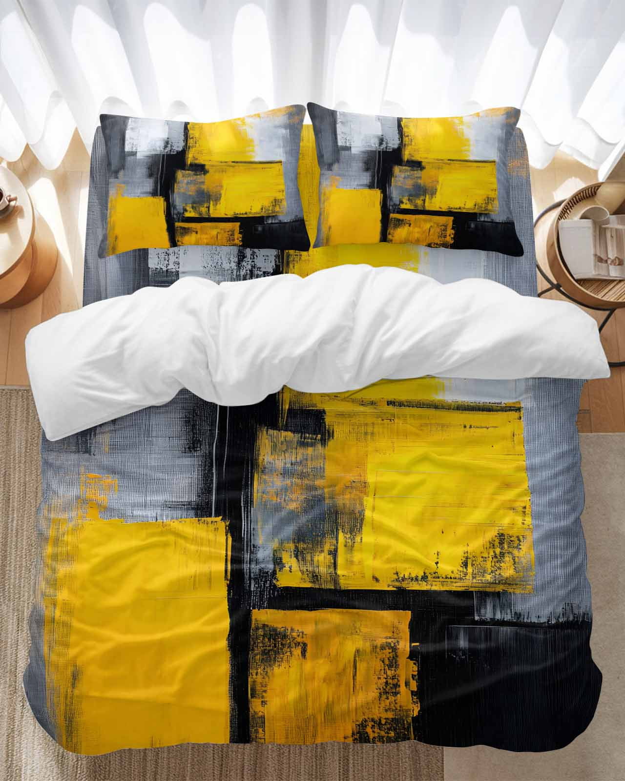 Abstract Color Block Bedding Duvet Cover Set Full Size 4 Pieces Yellow ...