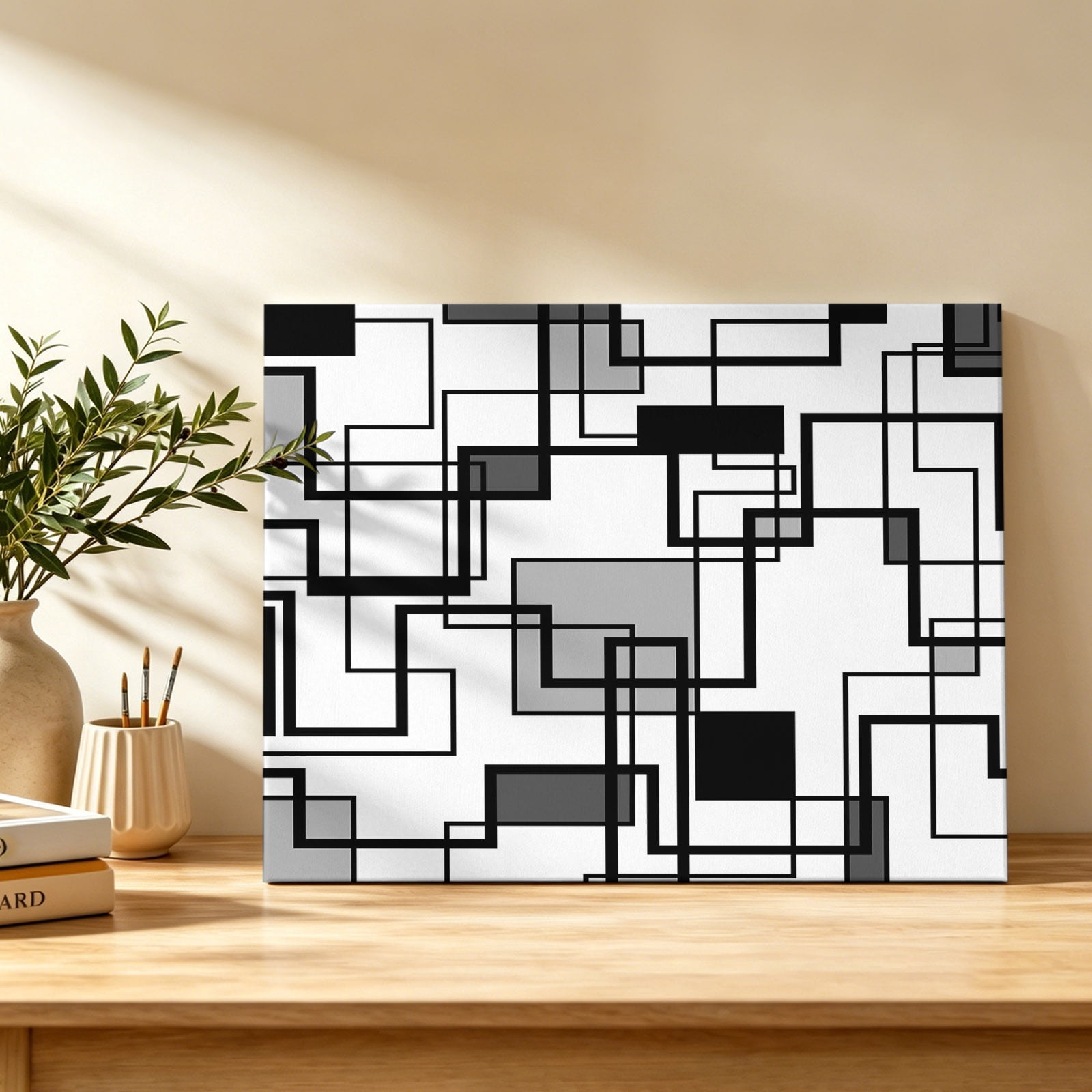 Abstract Color Block Canvas Wall Art, Black Gray Rectangular Geometric ...