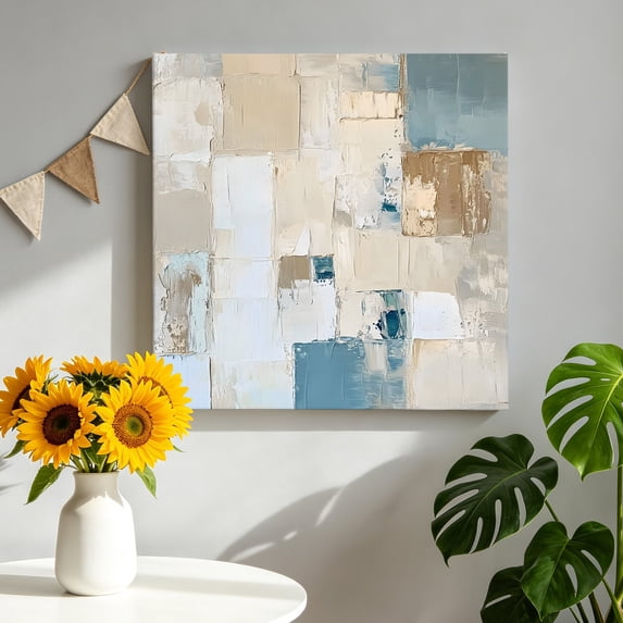 Abstract Color Block Canvas Wall Art for Living Room, Beige Geometric ...
