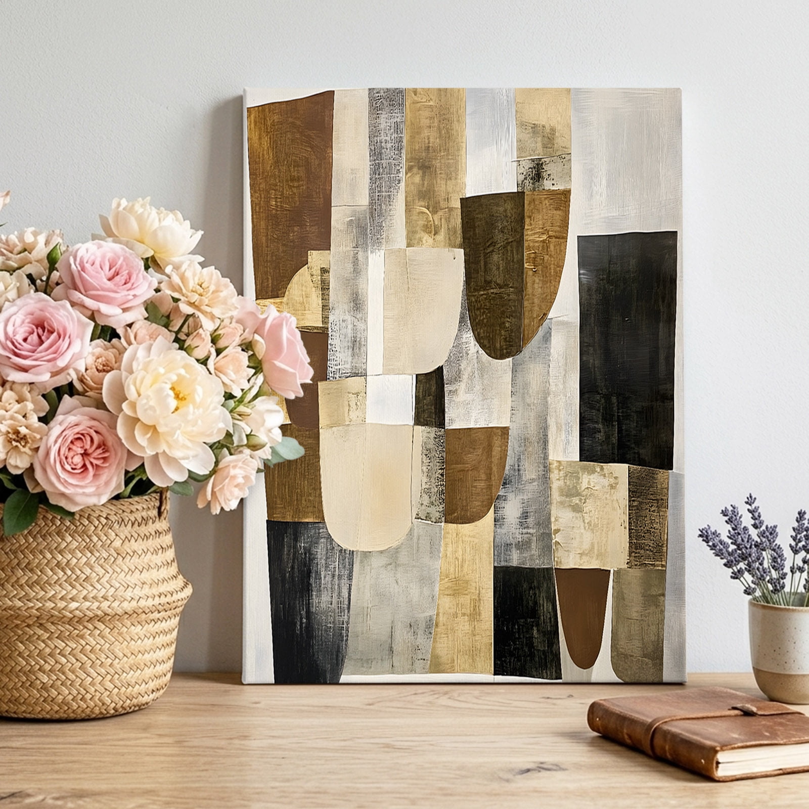 Abstract Color Block Canvas Wall Art for Living Room, Brown Beige Black ...