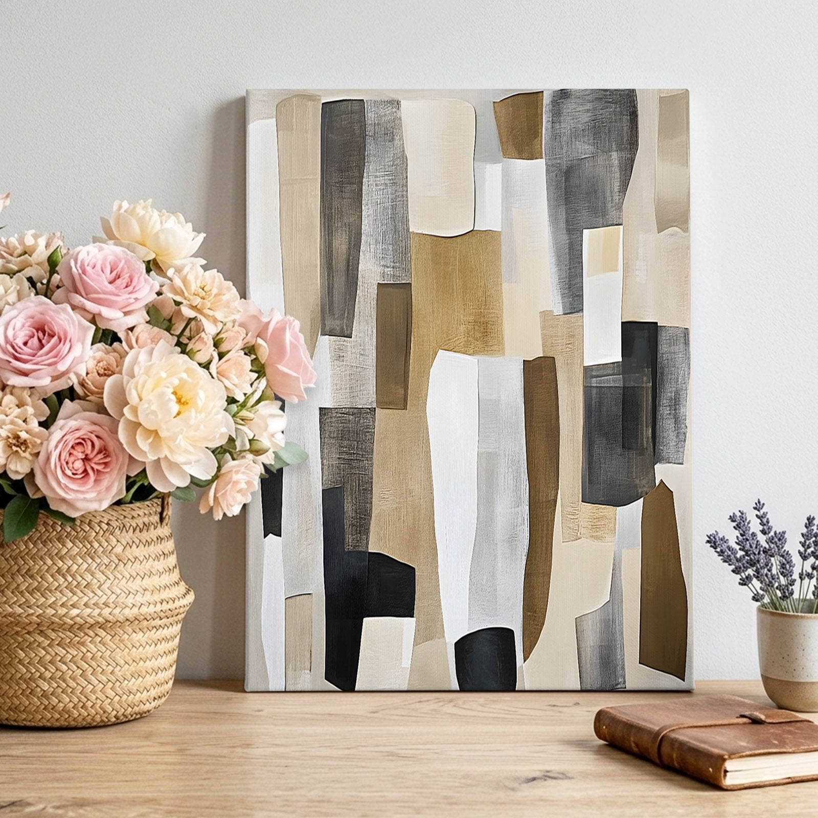 Abstract Color Block Canvas Wall Art for Living Room, Brown Geometric ...