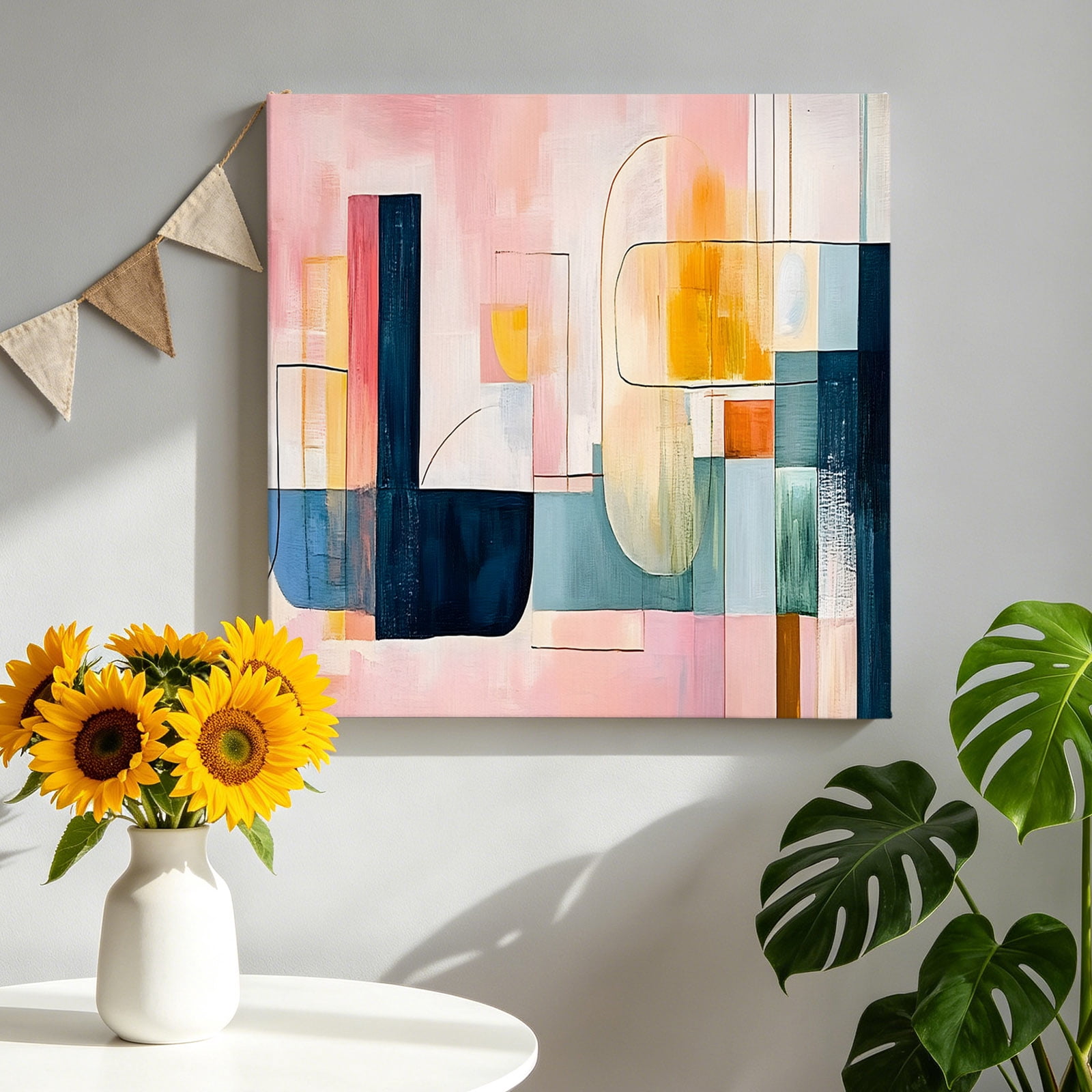 Abstract Color Block Canvas Wall Art for Living Room, Pink Yelow ...