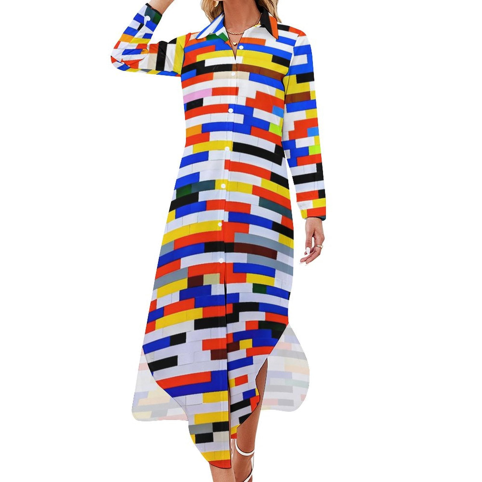 Abstract Color Block Chiffon Dress Leaf Print Cute Dresses Woman Long ...