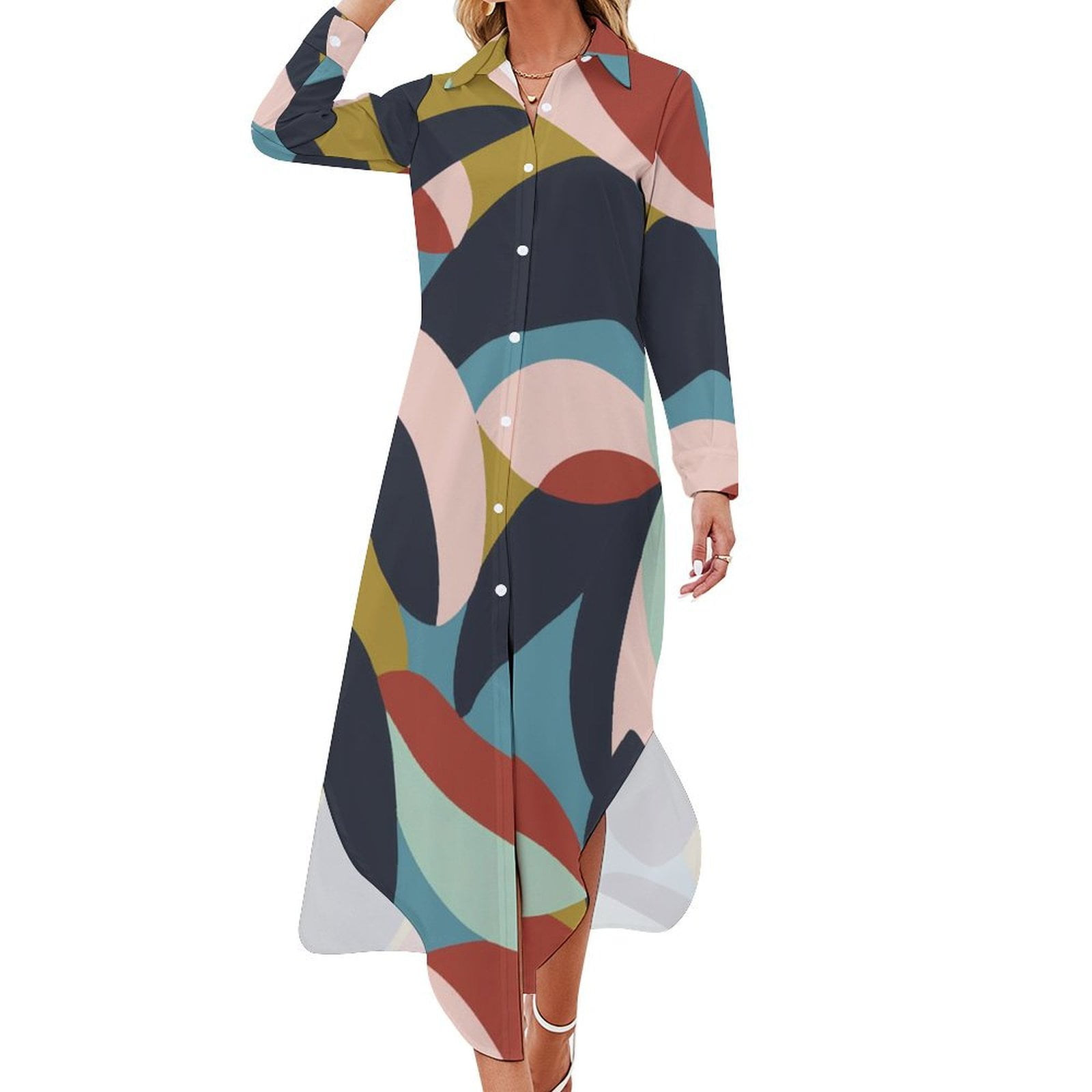 Abstract Color Block Chiffon Dress Leaf Print Cute Dresses Woman Long ...