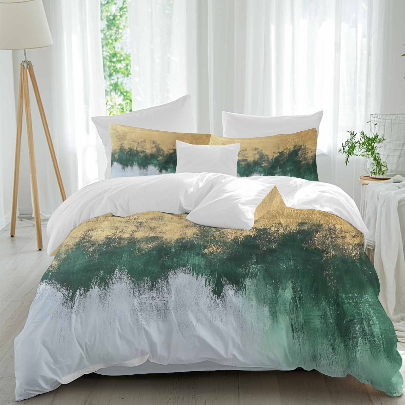 Abstract Color Block Comforter Set Queen Size, Gradient Gold Green ...