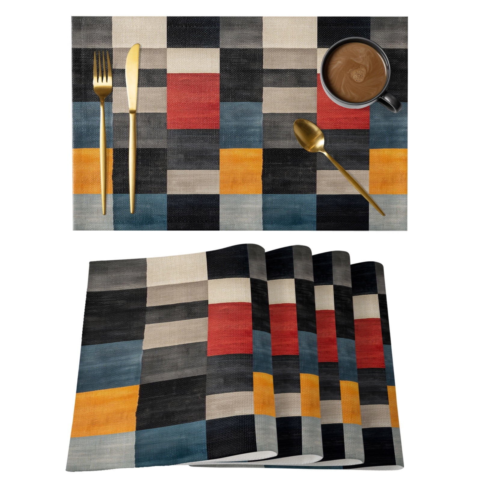 Abstract Color Block Cotton Linen Placemats Set of 1, Orange Black ...