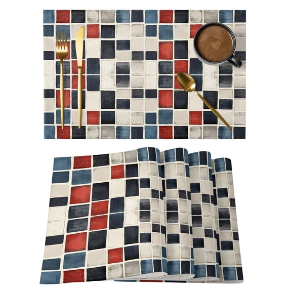 Abstract Color Block Cotton Linen Placemats Set of 12, Black White Red ...