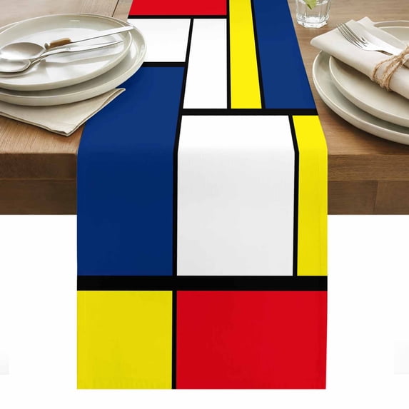 Abstract Color Block Cotton Linen Table Runner Yellow Red Blue ...