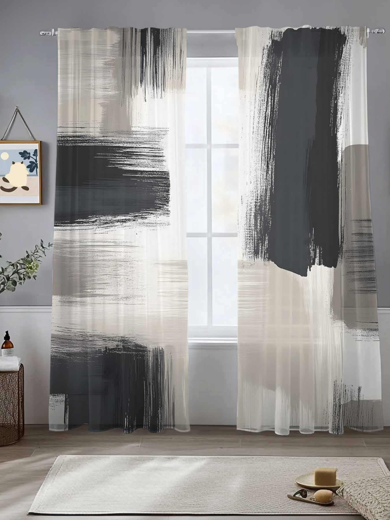 Abstract Color Block Graffiti Art Chiffon Sheer Curtains 84 Inches Long ...
