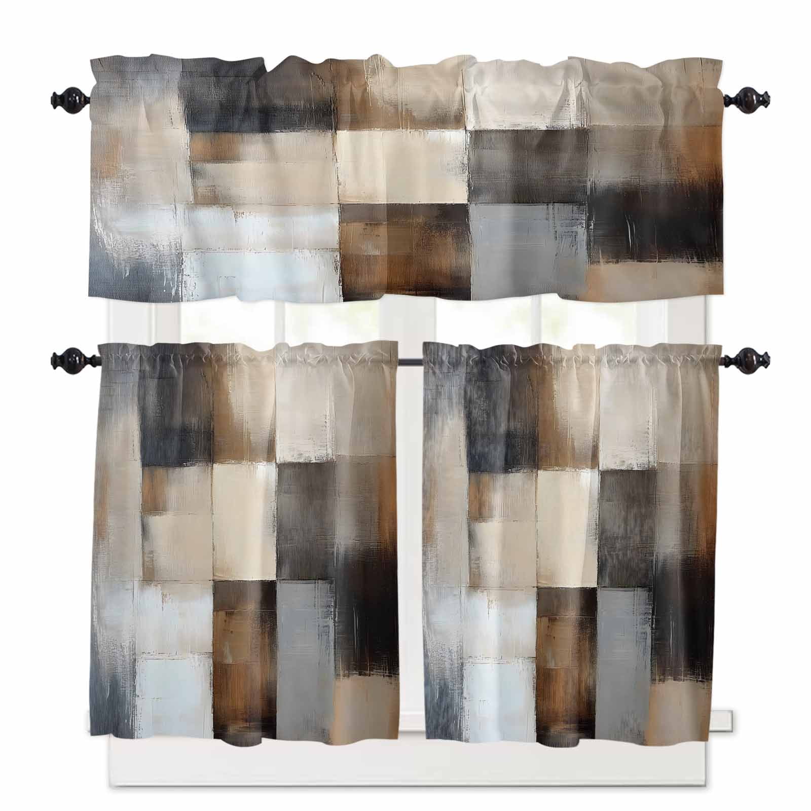 Abstract Color Block Kitchen Curtains Valance and Tier Set Beige ...