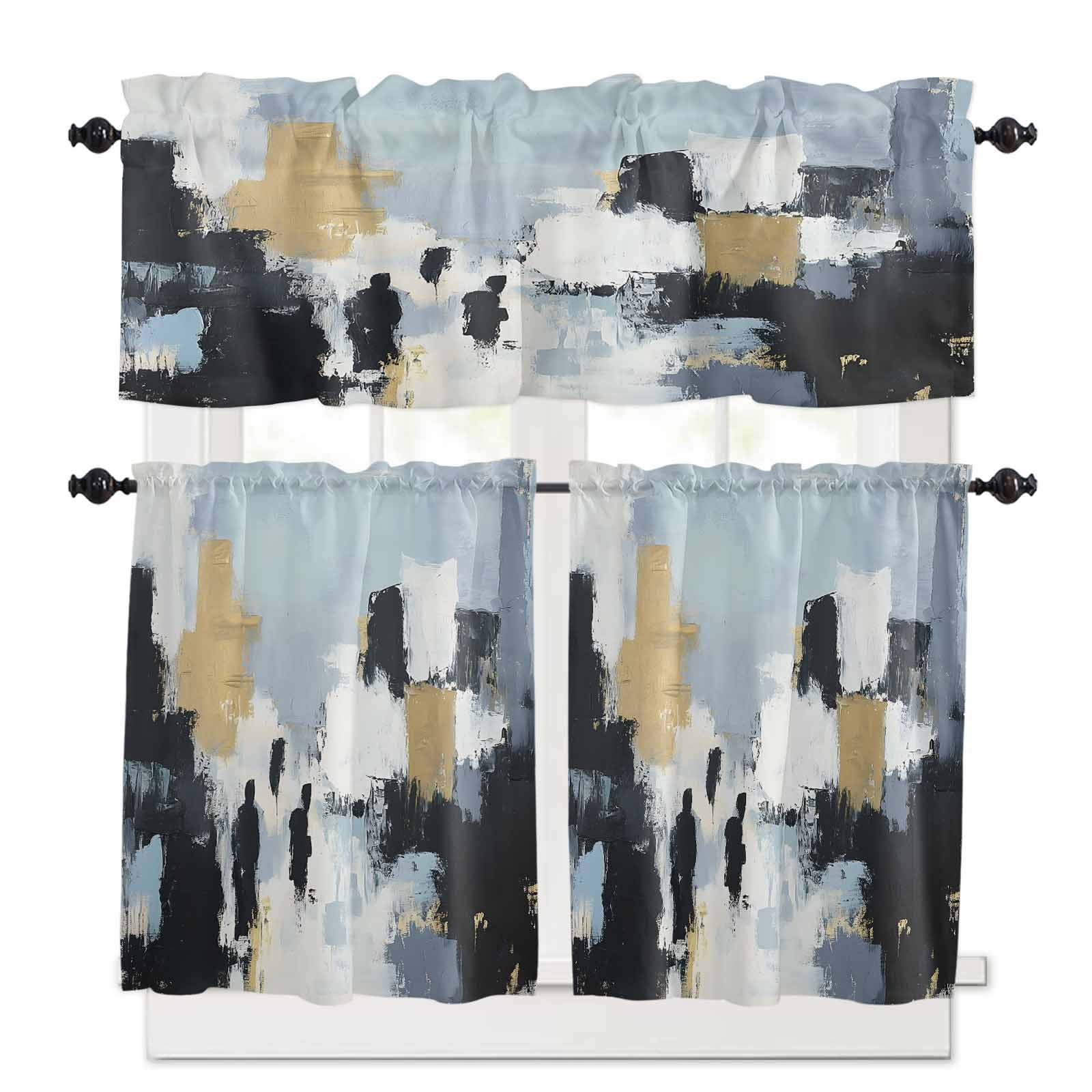 Abstract Color Block Kitchen Curtains Valance and Tier Set Black Gold ...