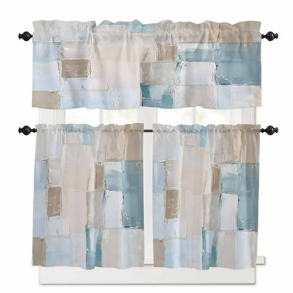 Abstract Color Block Kitchen Curtains Valance and Tier Set Blue Beige ...