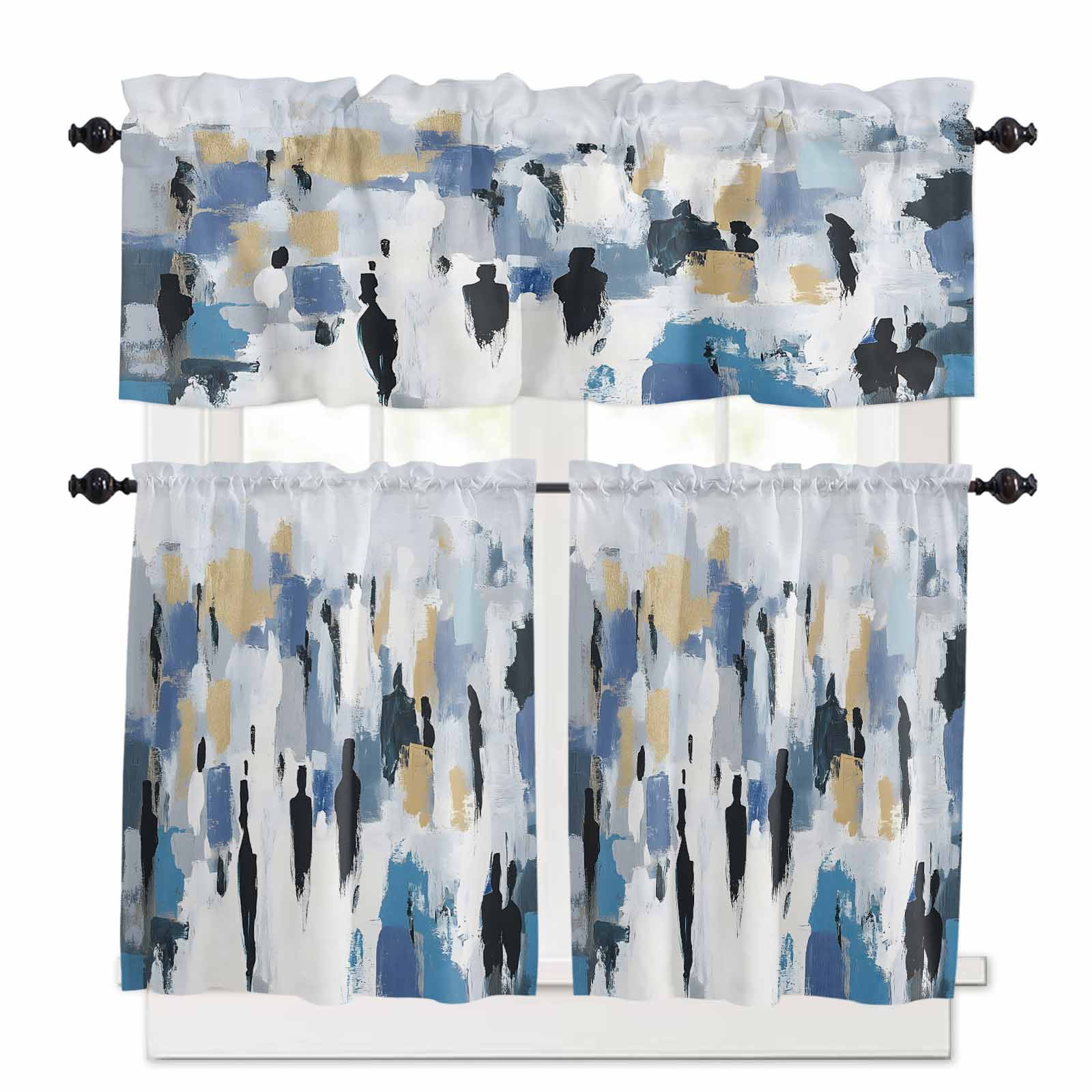 Abstract Color Block Kitchen Curtains Valance and Tier Set Blue Gold ...