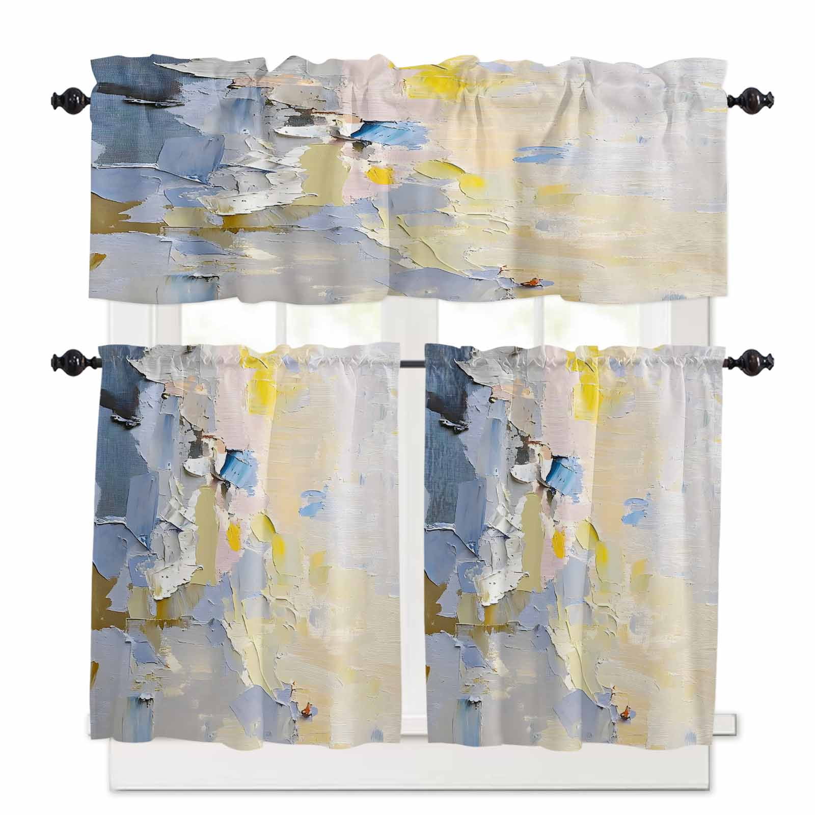 Abstract Color Block Kitchen Curtains Valance and Tier Set Blue Yellow ...