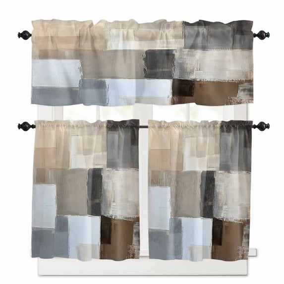 Abstract Color Block Kitchen Curtains Valance and Tier Set Brown Grey ...