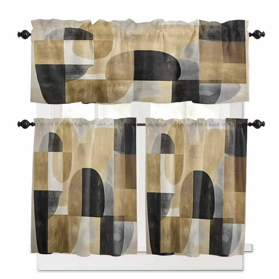 Abstract Color Block Kitchen Curtains Valance and Tier Set Brown Grey ...
