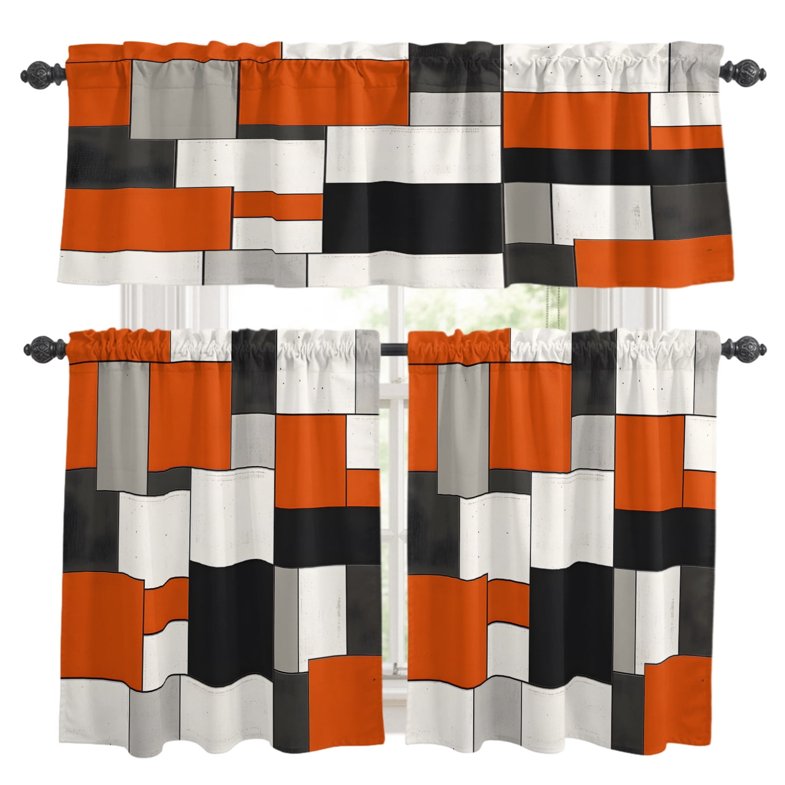 Abstract Color Block Kitchen Curtains Valance and Tier Set Orange Black ...