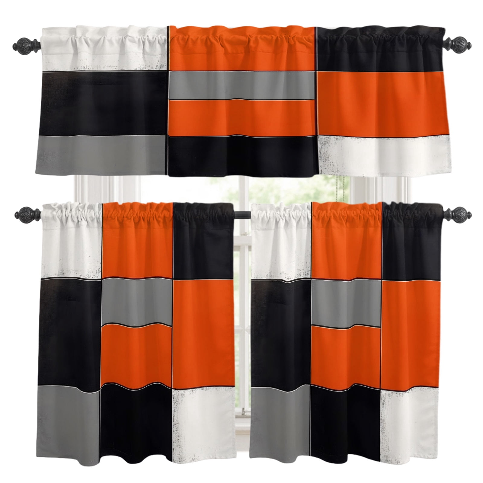 Abstract Color Block Kitchen Curtains Valance and Tier Set Orange Black ...