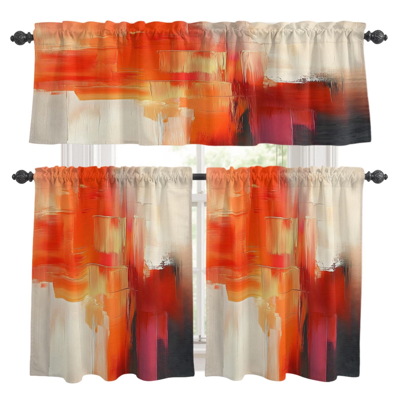 Abstract Color Block Kitchen Curtains Valance and Tier Set Orange Block ...