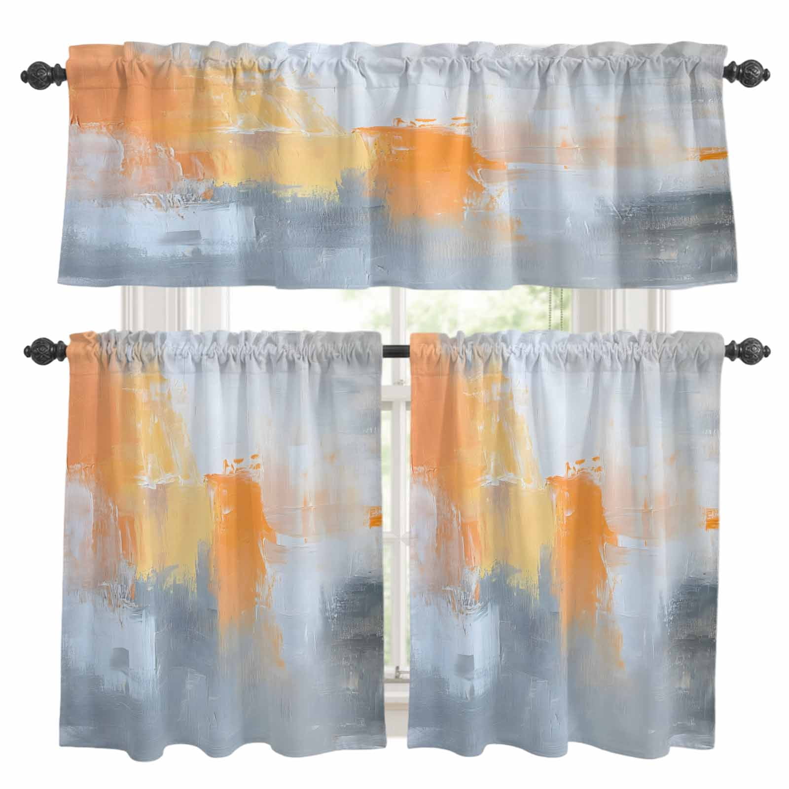 Abstract Color Block Kitchen Curtains Valance and Tier Set Orange Gery ...
