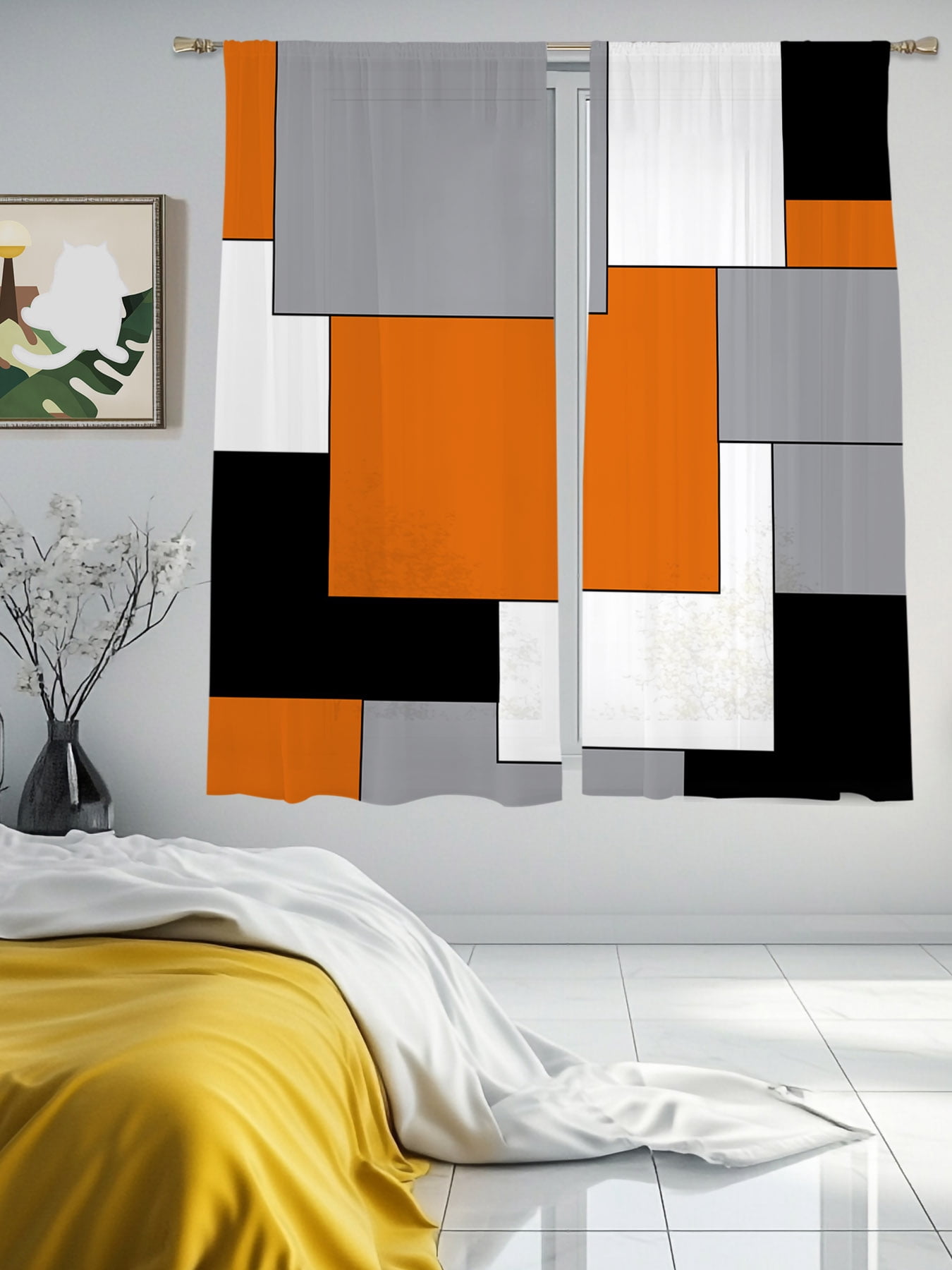 Abstract Color Block Orange Grey White Sheer Curtains 2 Panels Set ...