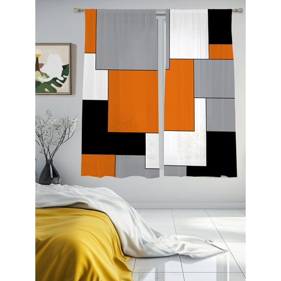 Abstract Color Block Orange Grey White Sheer Curtains 2 Panels Set ...