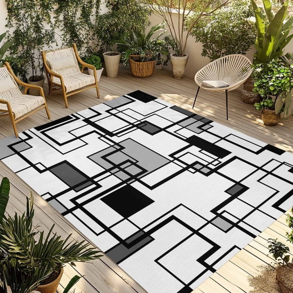 Abstract Color Block Outdoor Rug, Black Gray Rectangular Geometric ...