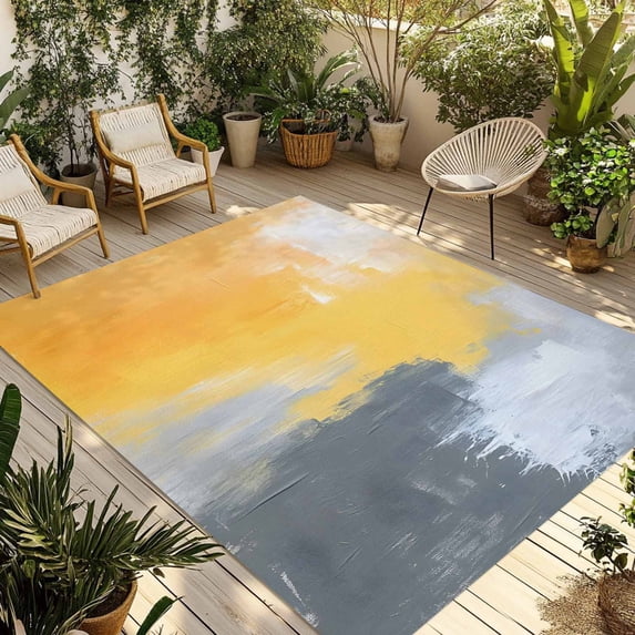 Abstract Color Block Outdoor Rug, Yellow Grey Graffiti Oil Painting ...