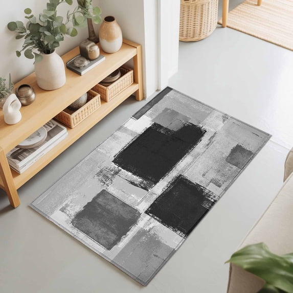 Abstract Color Block Paint Rectangle Rug 2'x3' Black Gray Patchwork ...