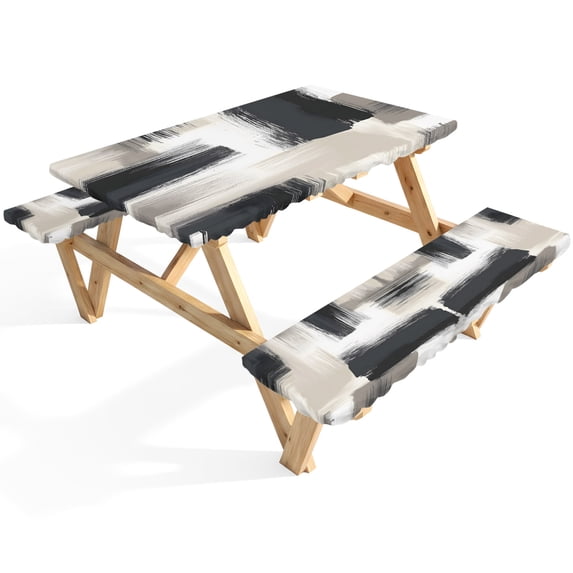 Abstract Color Block Picnic Table Cover with Bench Covers Beige Black ...