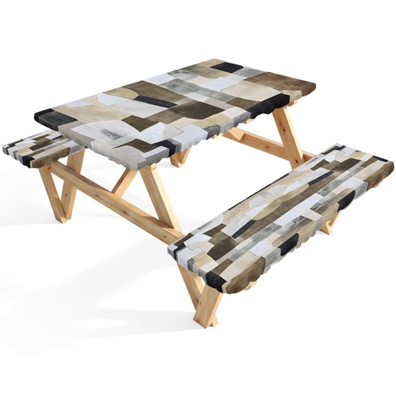 Abstract Color Block Picnic Table Cover with Bench Covers Brown White ...