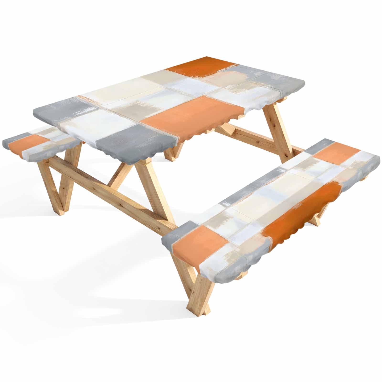 Abstract Color Block Picnic Table Cover with Bench Covers Grey Orange ...