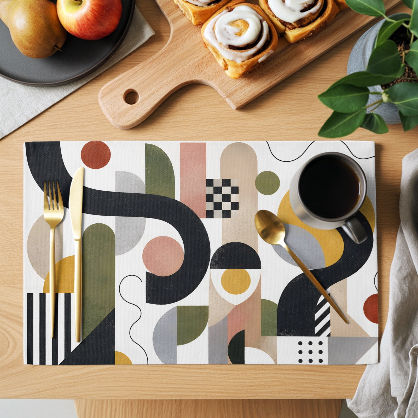 Abstract Color Block Placemats Set of 6, Modern Black Pink Green Circle ...