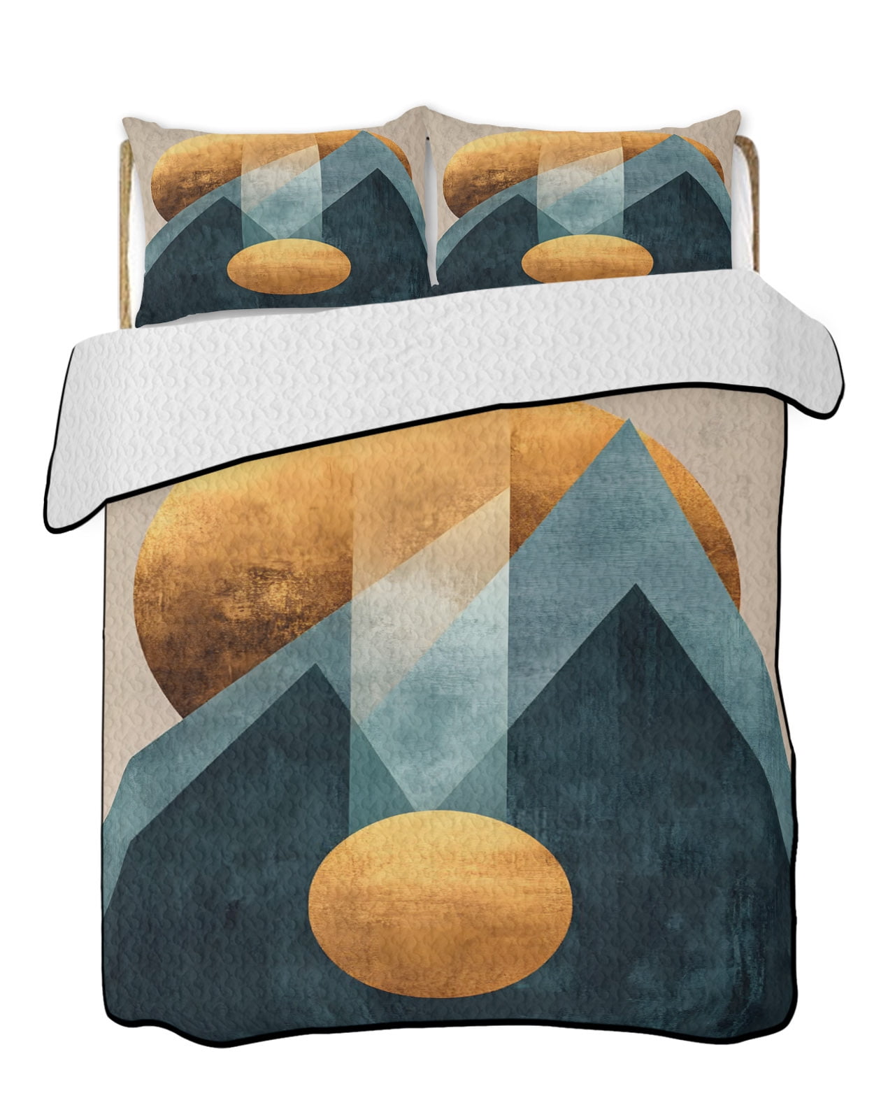 Abstract Color Block Quilts Bedding Set King Size Gold Geometric Circle ...