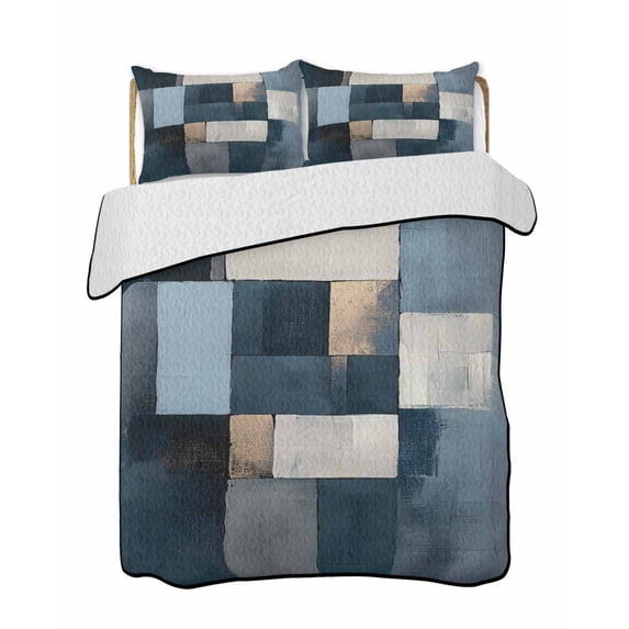 Abstract Color Block Quilts Bedding Set King Size Grey Blue Brown Oil ...