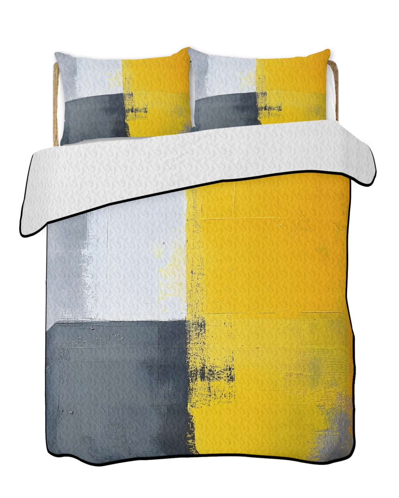 Abstract Color Block Quilts Bedding Set King Size Grey Yellow Geometric ...