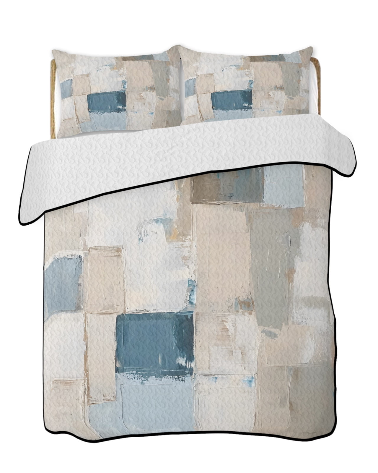 Abstract Color Block Quilts Bedding Set Twin Size Blue Beige Oil ...