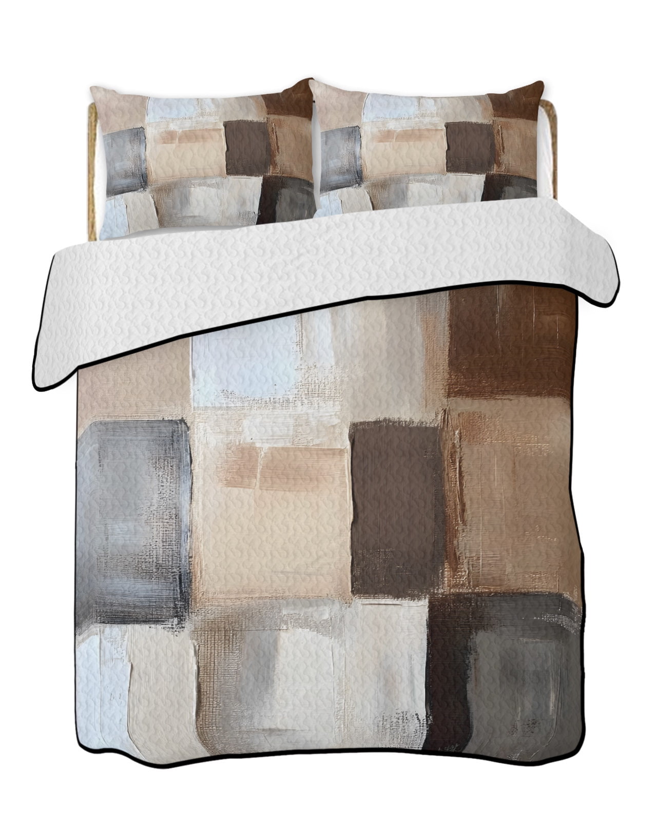Abstract Color Block Quilts Bedding Set Twin Size Brown Geometric Oil ...