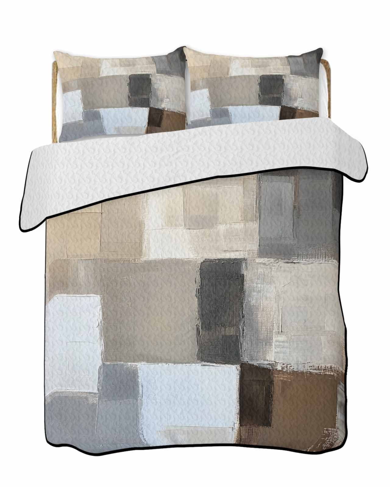 Abstract Color Block Quilts Bedding Set Twin Size Brown Grey Geometric ...