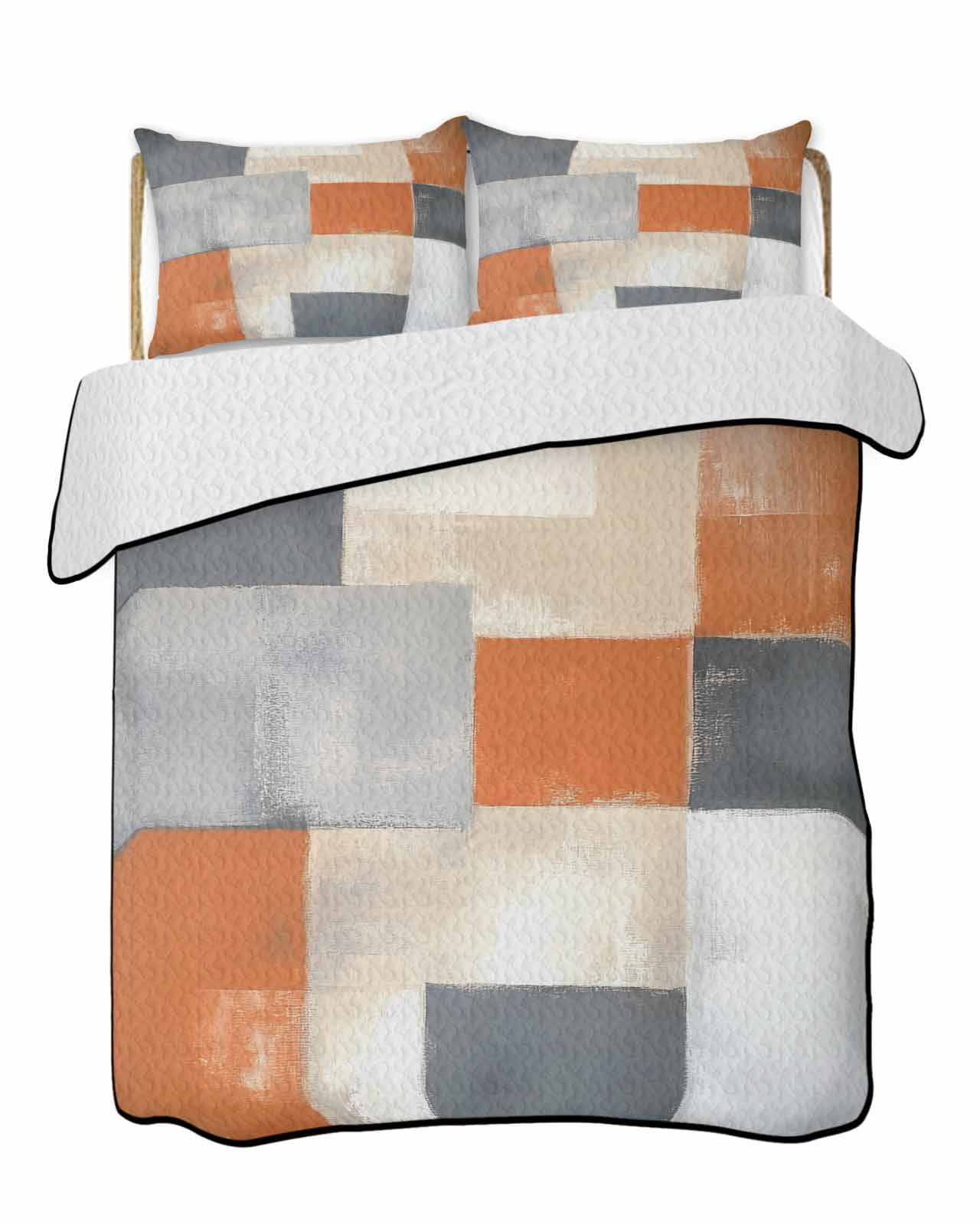 Abstract Color Block Quilts Bedding Set Twin Size Grey Orange Geometric ...