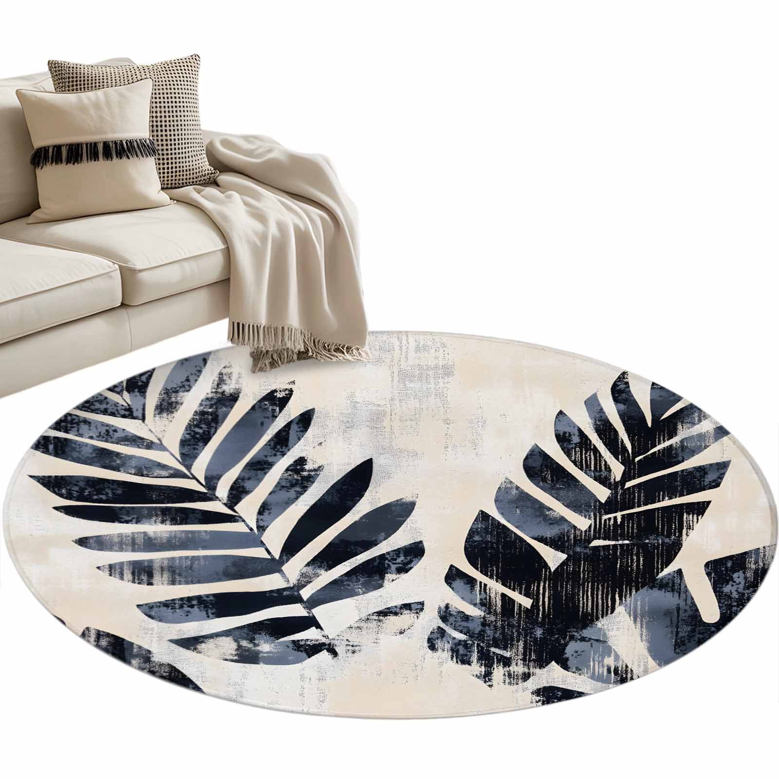 Abstract Color Block Round Area Rug 3ft Black Leaves Tropical Plants ...