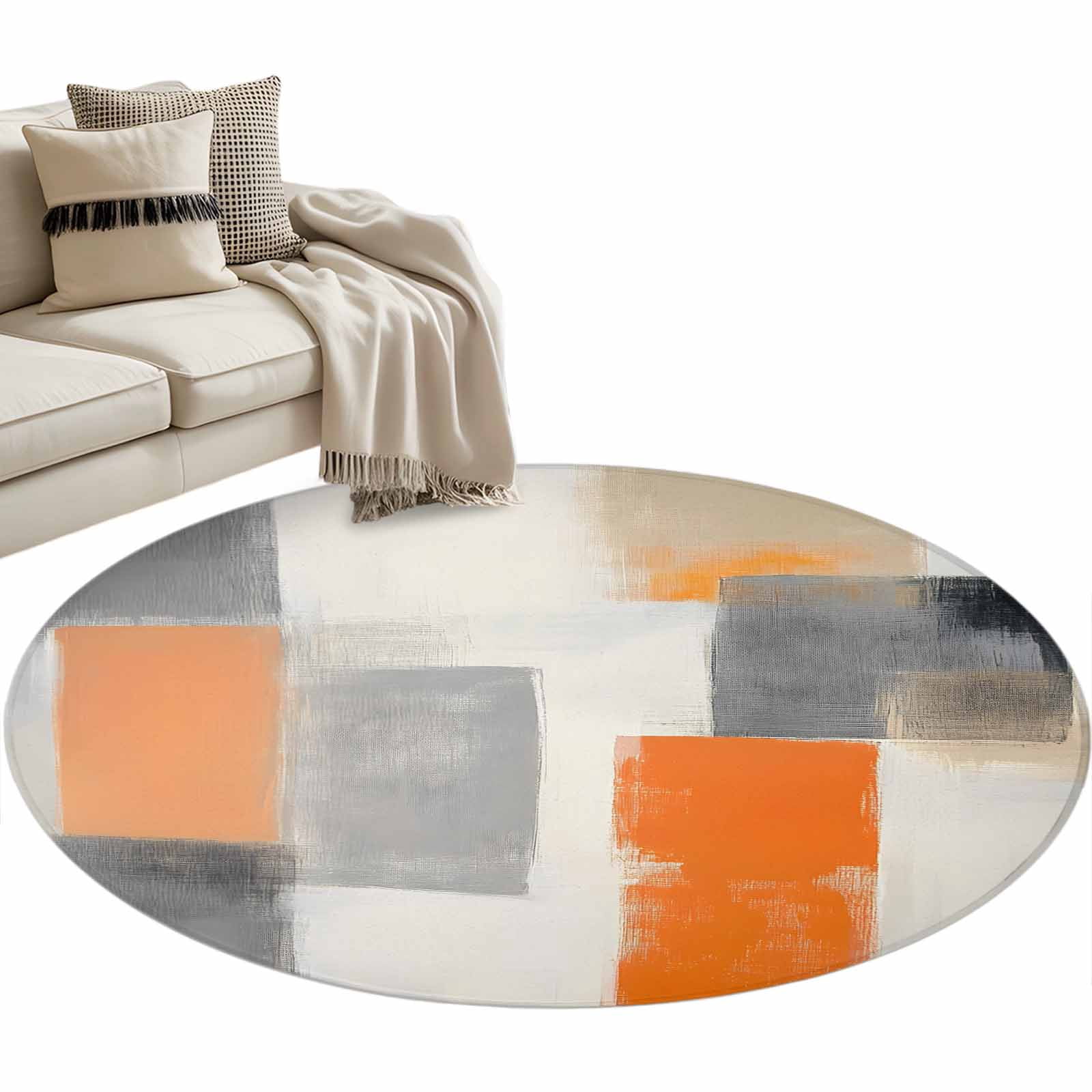 Abstract Color Block Round Area Rug 3ft Grey Orange Impressionist ...