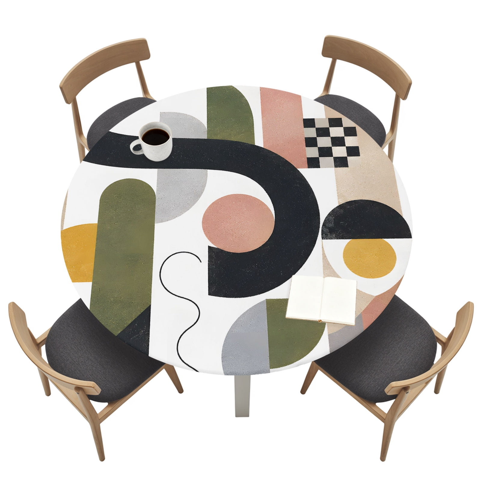 Abstract Color Block Round Fitted Table Cover Modern Black Pink Green ...