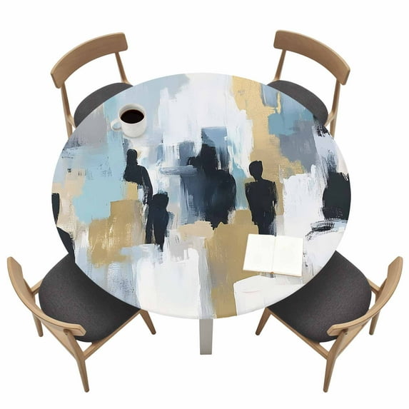Abstract Color Block Round Fitted Tablecloth with Elastic Edge Black ...