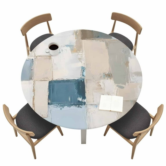 Abstract Color Block Round Fitted Tablecloth with Elastic Edge Blue ...