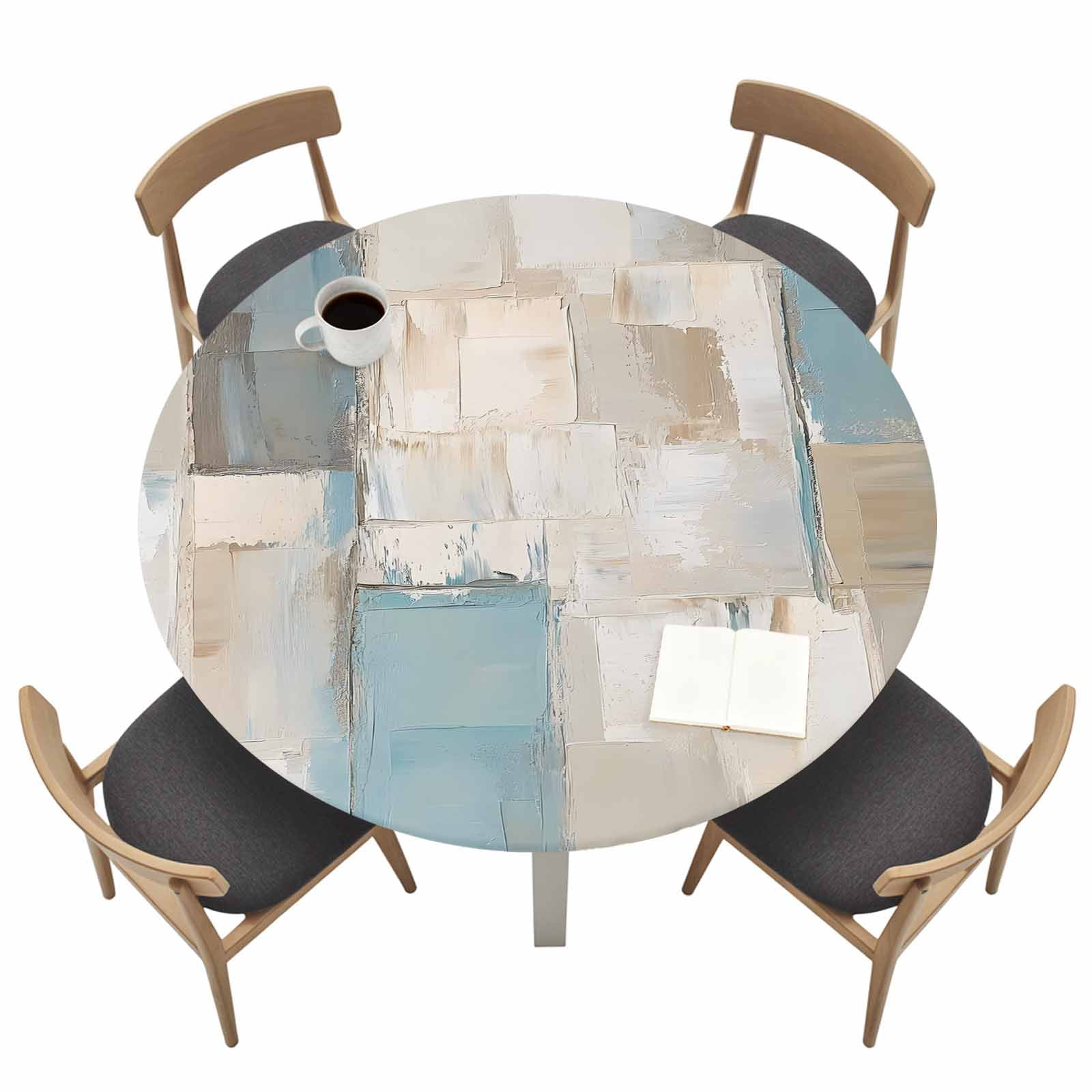 Abstract Color Block Round Fitted Tablecloth with Elastic Edge Blue ...